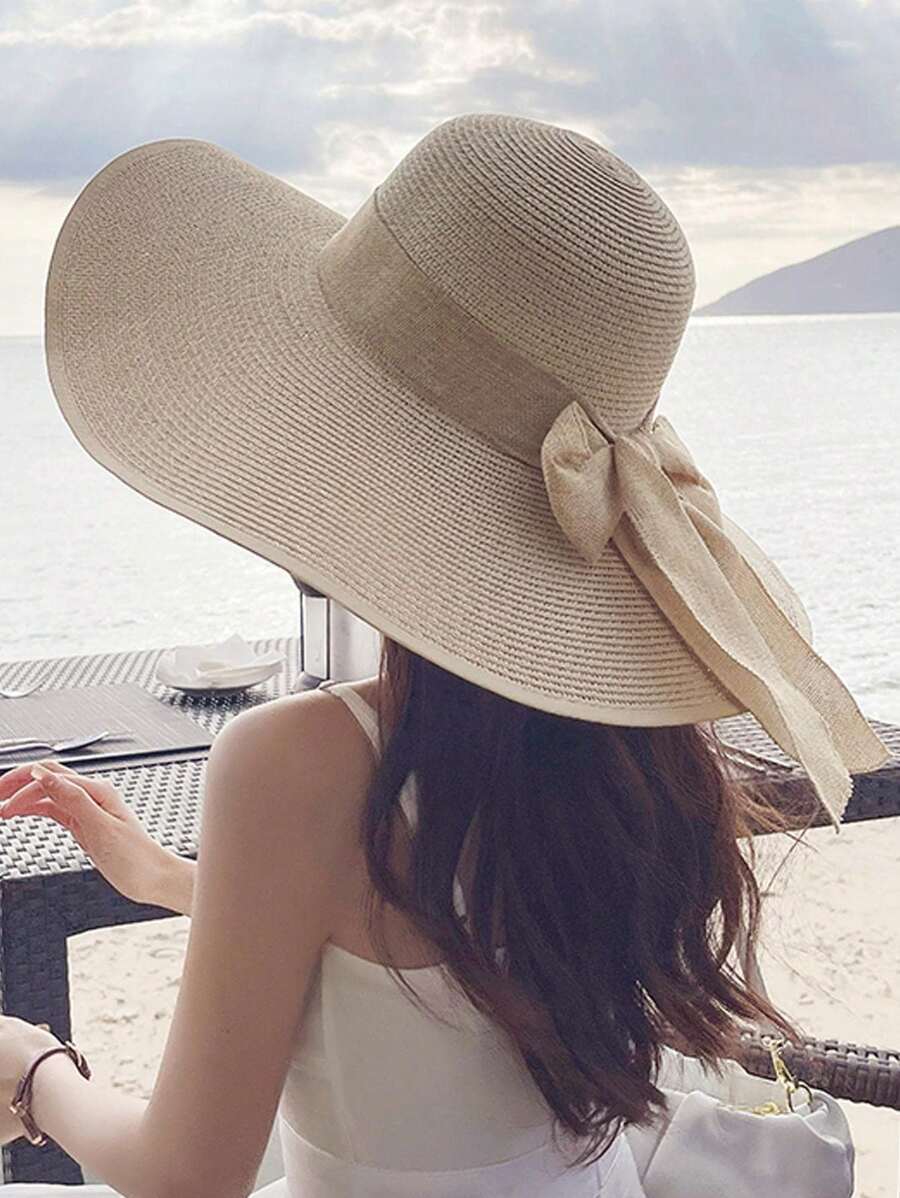 1pc Straw Hat Women's Summer Sun Block Oversized Hat Visor Beach Beach ...