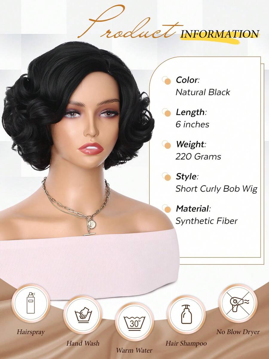 Short Curly Bob Wig Black Body Wave Side Part Wigs Synthetic Big Curly ...