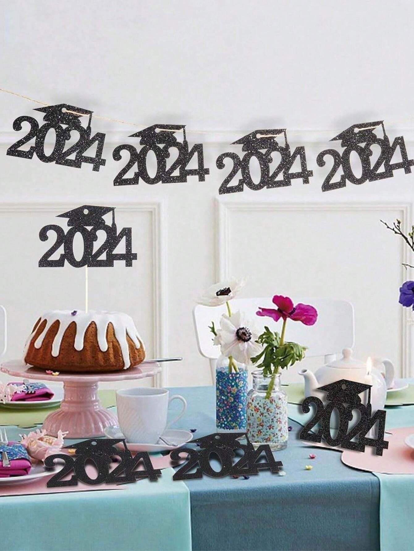 10pcs 2024 Graduation Cap Decor,Black Glitter Graduation Cap Decoration ...