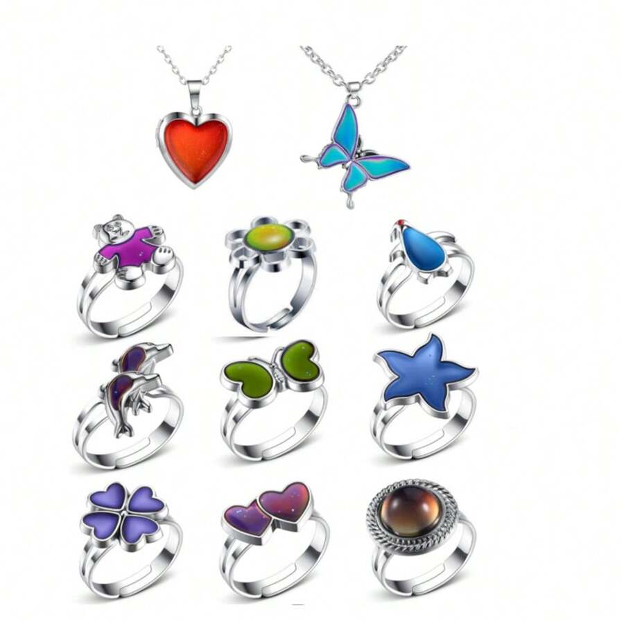 9 Pieces Mood Rings With 2 Mood Necklaces Color Change Ring Adjustable ...