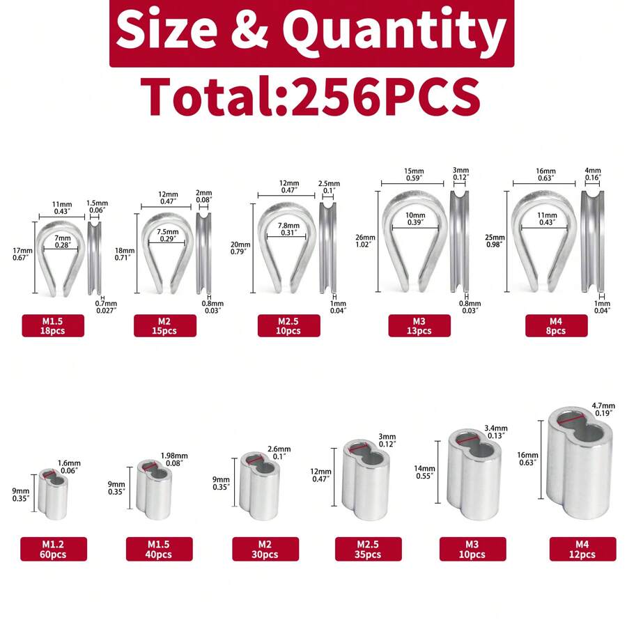 256pcs 304 Stainless Steel Wire Rope Cable Thimbles Combo And Aluminum ...