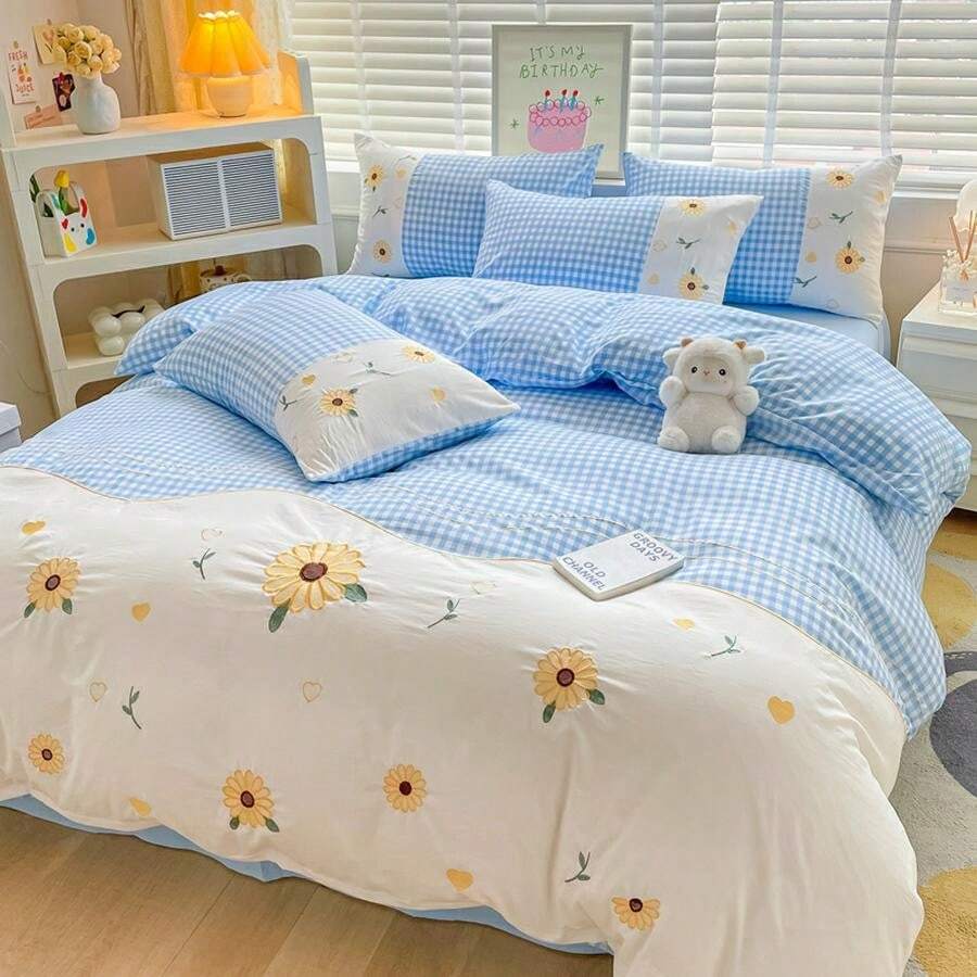 Fresh Daisy Embroidered Bedding Set For Teenage Girls (Duvet Cover ...