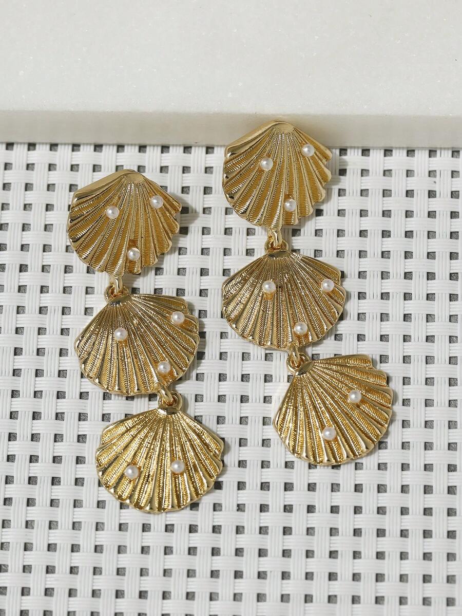 1pair Golden Shell Stud Earrings With Faux Pearl And Cowrie Shell ...