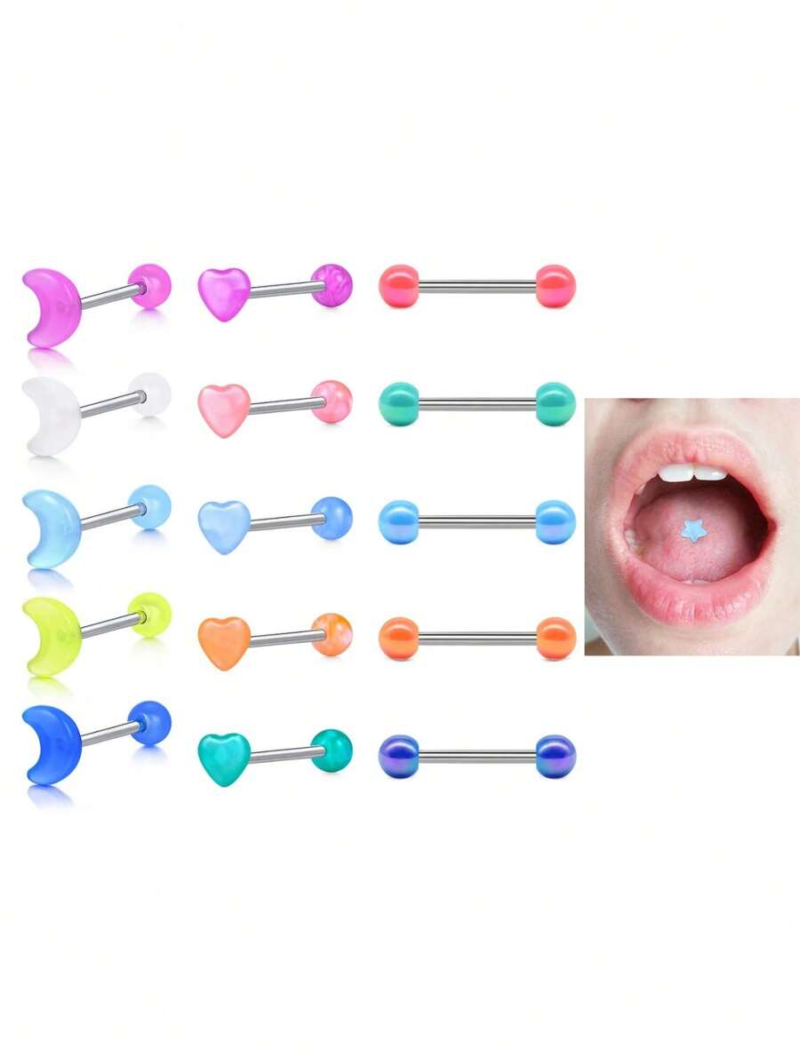 15PCS 16mm Stainless Steel Glow In The Dark Acrylic Tongue Rings ...