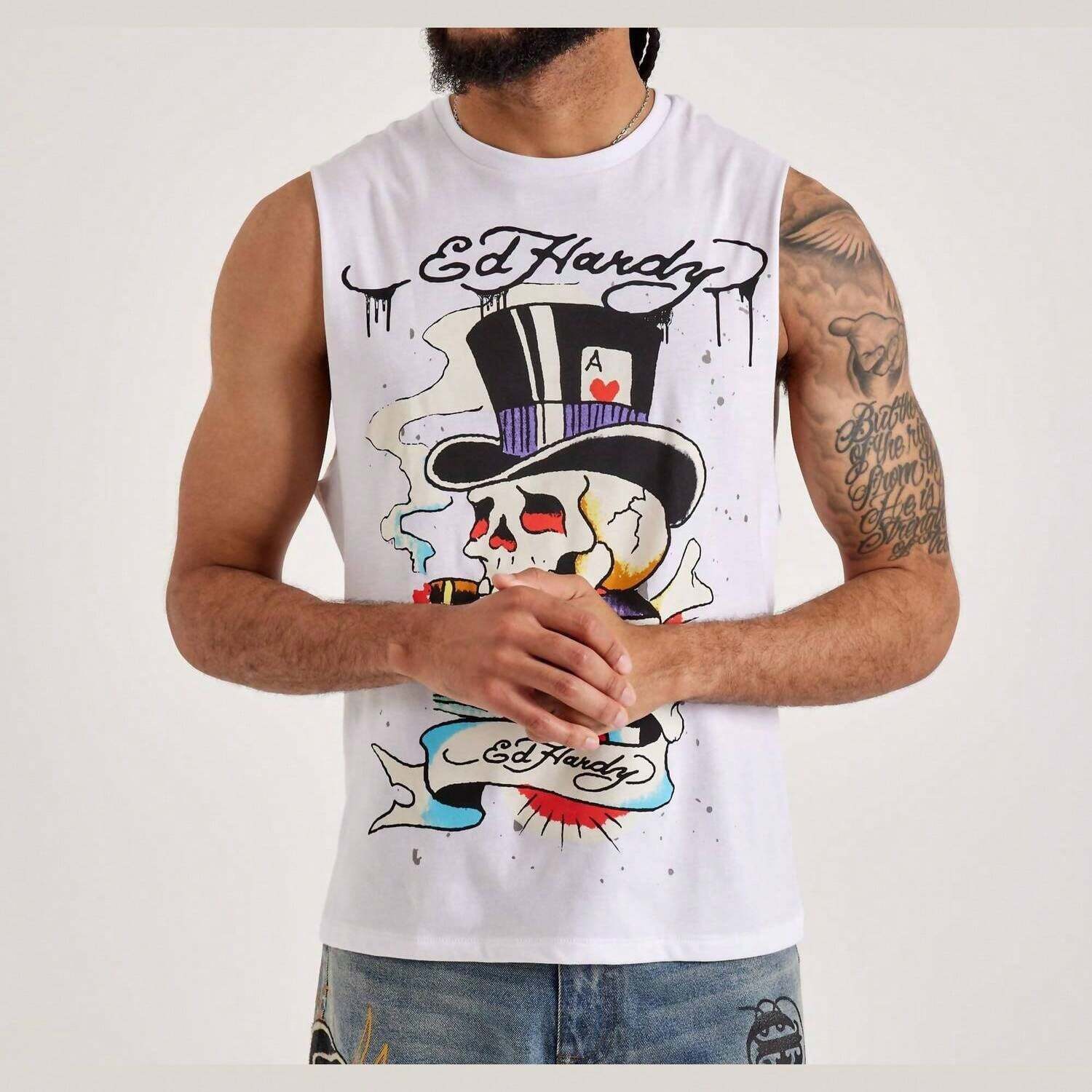 Ed Hardy ED HARDY Skull Top Hat Cut Off Tee In White | SHEIN USA