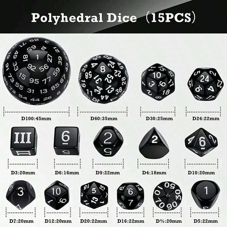 D3-D100 Black Base Polyhedral Dice Set Of 15 For Role Playing Game ...