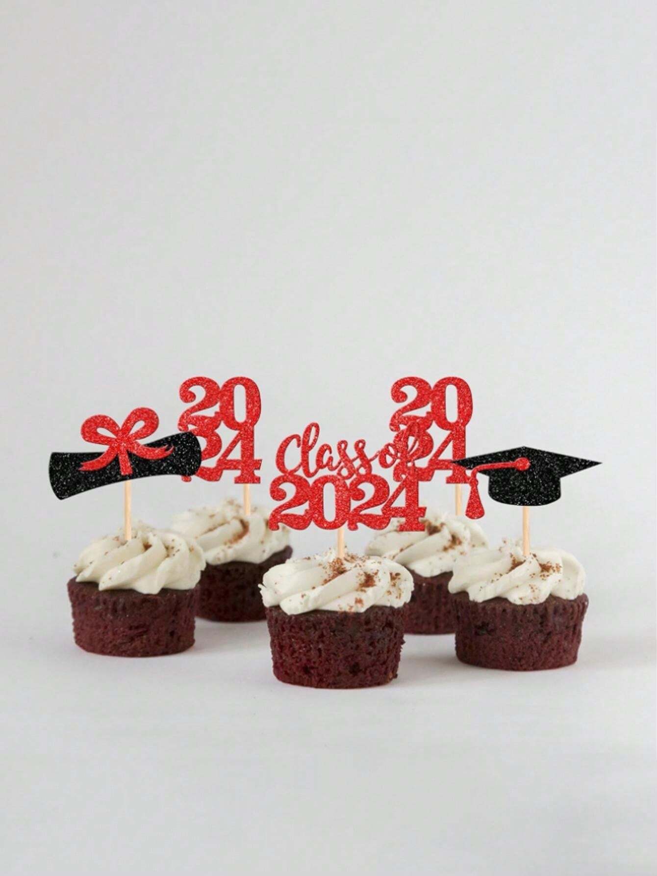 4pcs '2024 Grad' Theme Cake Toppers, Fruit Picks, With Red & Black ...