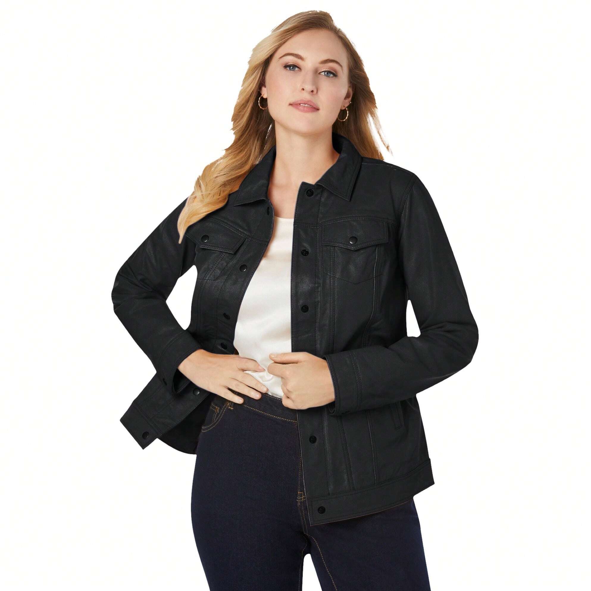 Jessica London Women's Plus Size Denim Style Leather Jacket | SHEIN USA