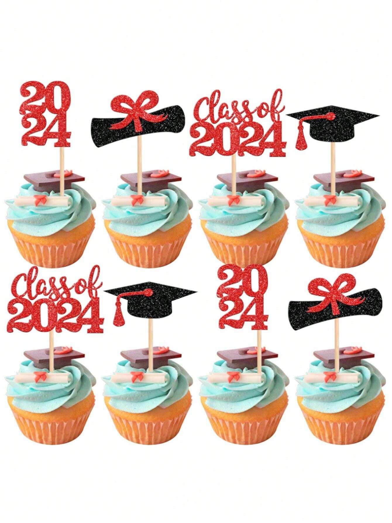4pcs '2024 Grad' Theme Cake Toppers, Fruit Picks, With Red & Black ...