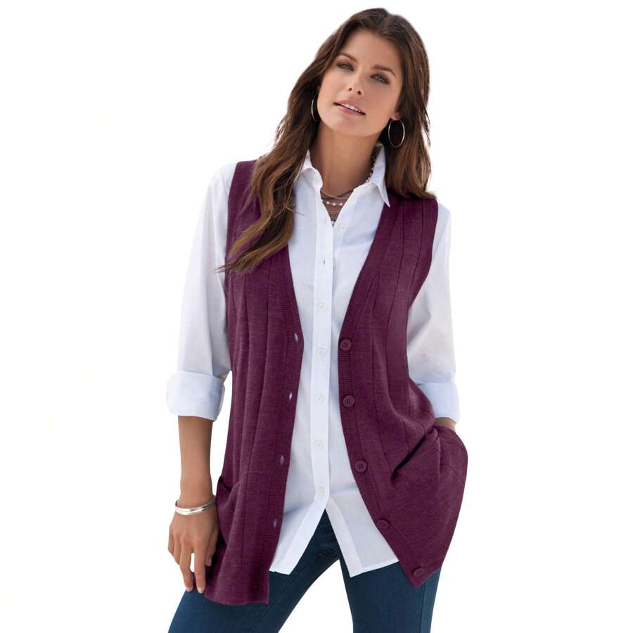 Roaman's Women's Plus Size Plus Size Drop Needle Vest Lightweight ...