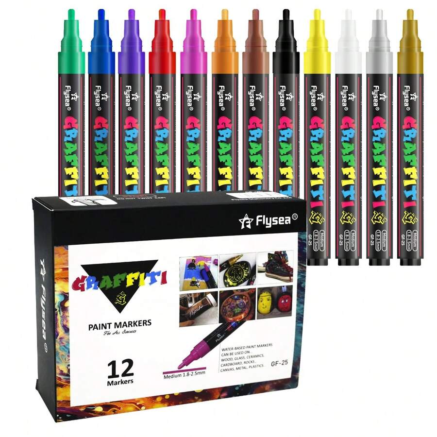 12 Colors Acrylic Paint Pens With Double-Ended Medium Nibs, For Rock ...