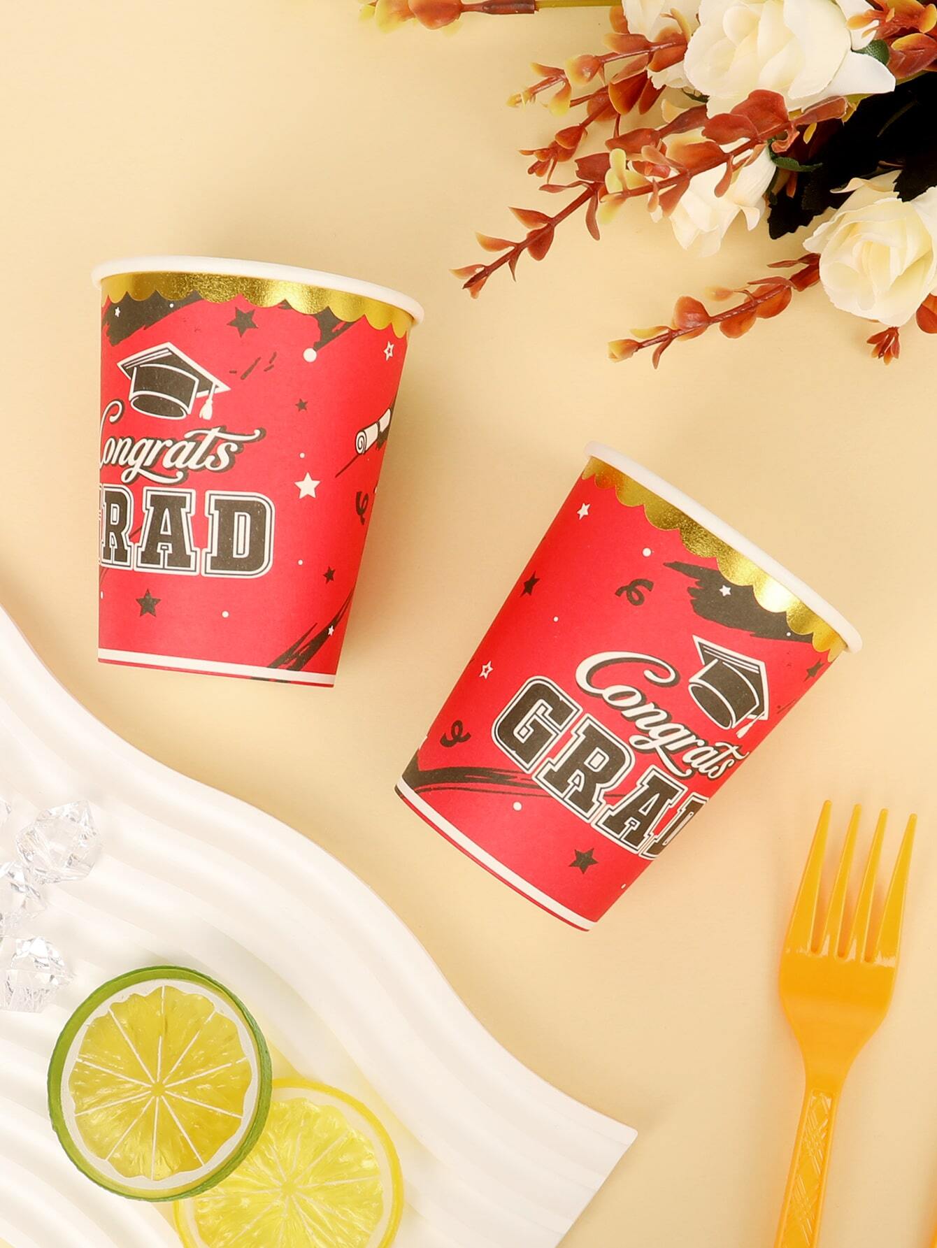 25pcs 9oz Red Disposable Paper Cups With Graduation Cap Print, Perfect ...