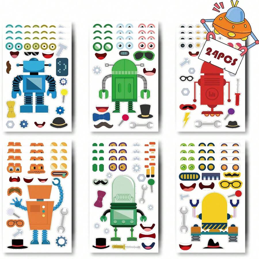 12/24 Sheets 8.27''*5.9'' Make Your Own Robot Stickers , Make A Face ...