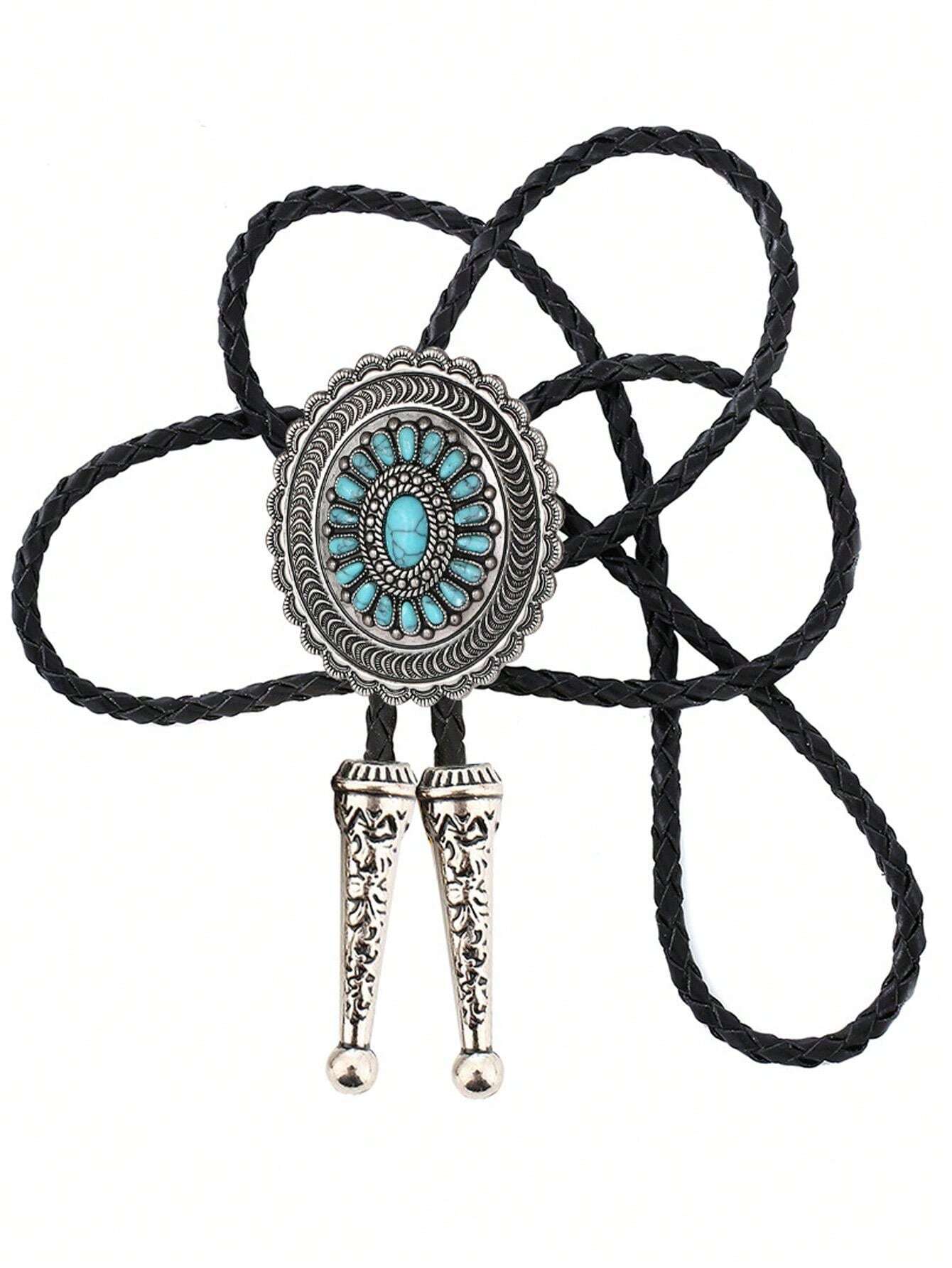 One Western Cowboy Style Turquoise Carved Bolo Tie With Black Leather ...