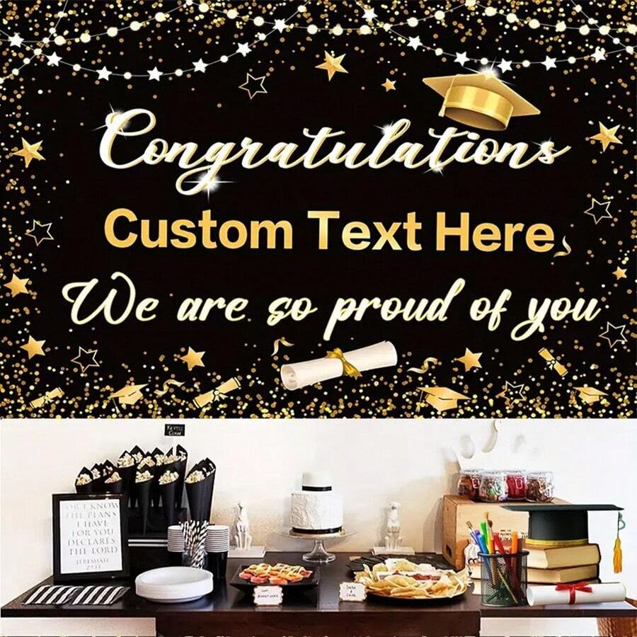 1pc Custom 2024 Grad Photo Booth Backdrop - Elegant Black And Gold ...