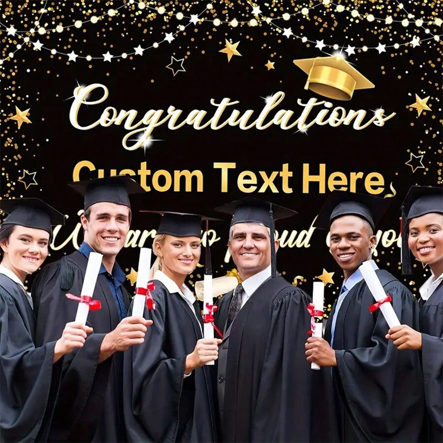 1pc Custom 2024 Grad Photo Booth Backdrop - Elegant Black And Gold ...