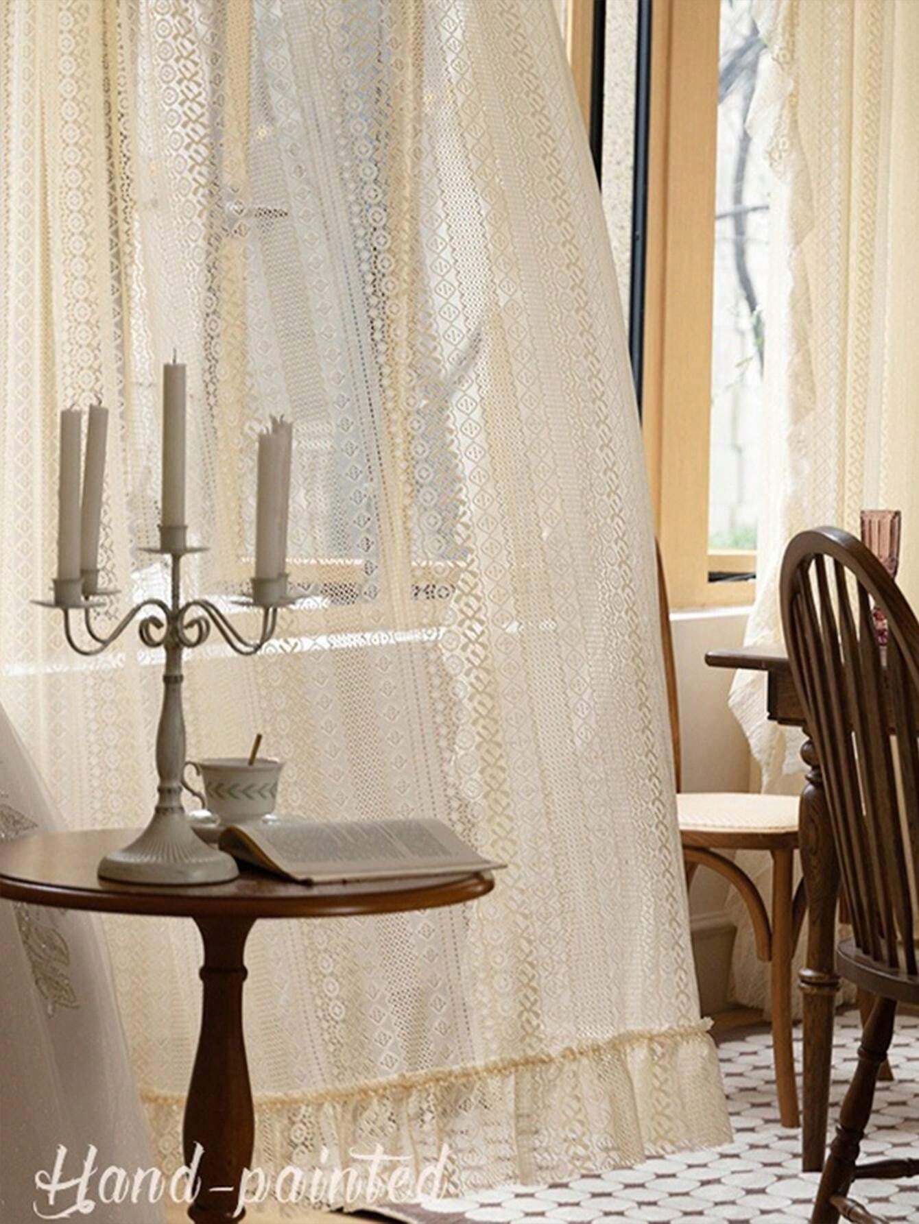 1pc Cream-Colored Lace Polyester French Window Curtain, Suitable For ...