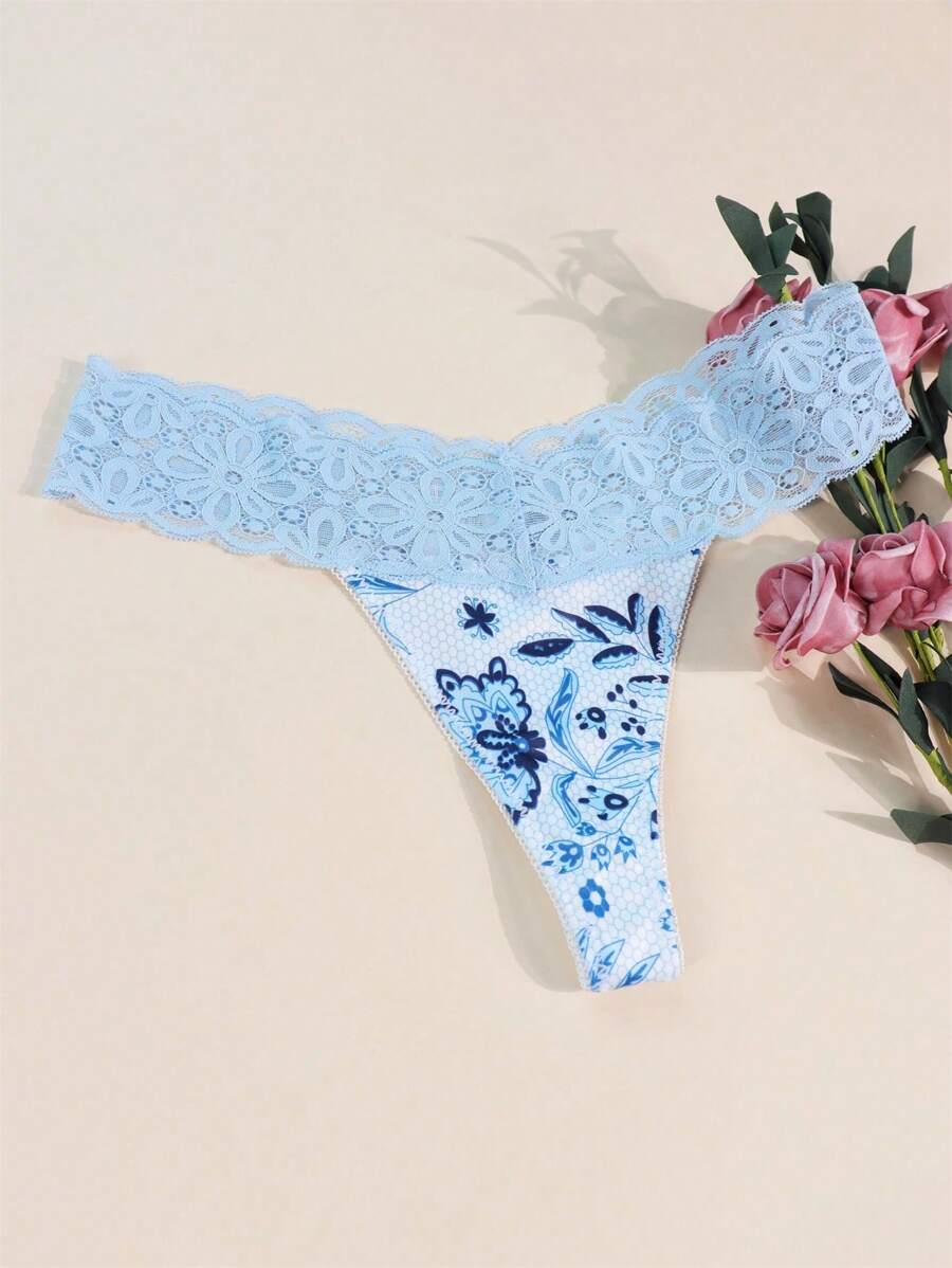 Women Contrast Lace Trim Blue Floral Print Sexy Cute Thong Strings ...