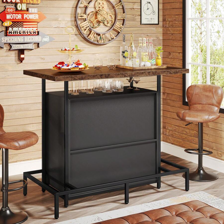 LITTLE TREE Home Bar Unit, Industrial 3-Tier Liquor Bar Table With ...