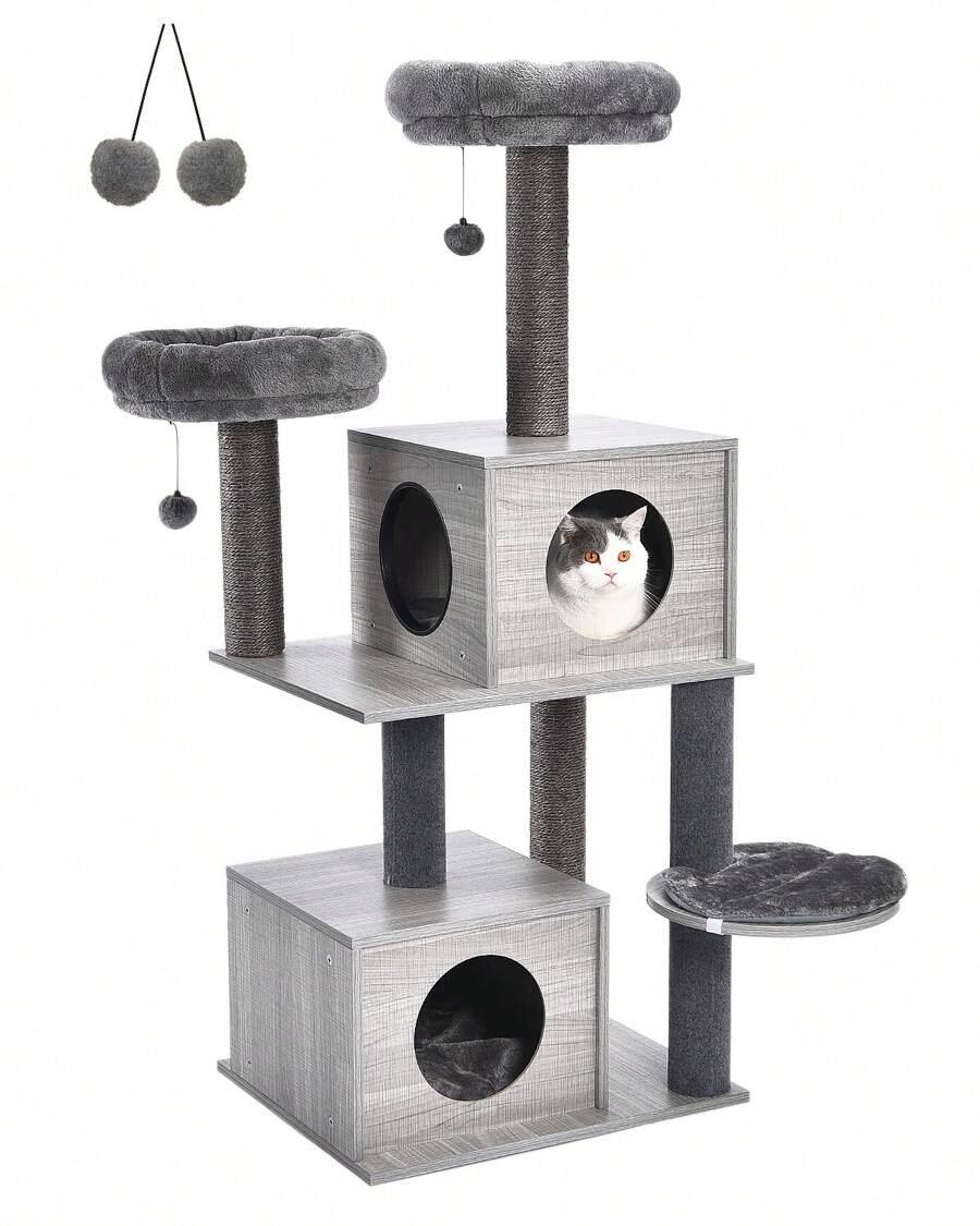 PEQULTI 51 Inches Cat Tree Wooden Cat Tower Featuring 2 Super Large ...