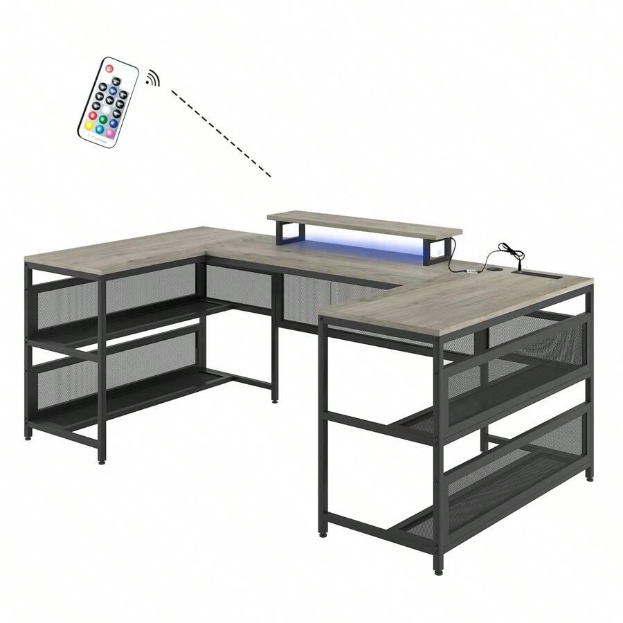 U-Shaped Gaming And Study Desk With Multiple Desktops, Integrated LED ...