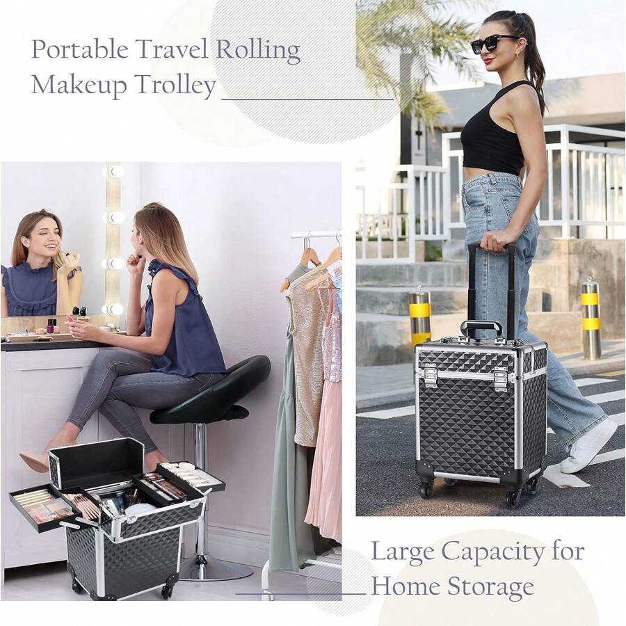 Large Aluminum Rolling Cosmetic Train Case With Wheels And Retractable ...