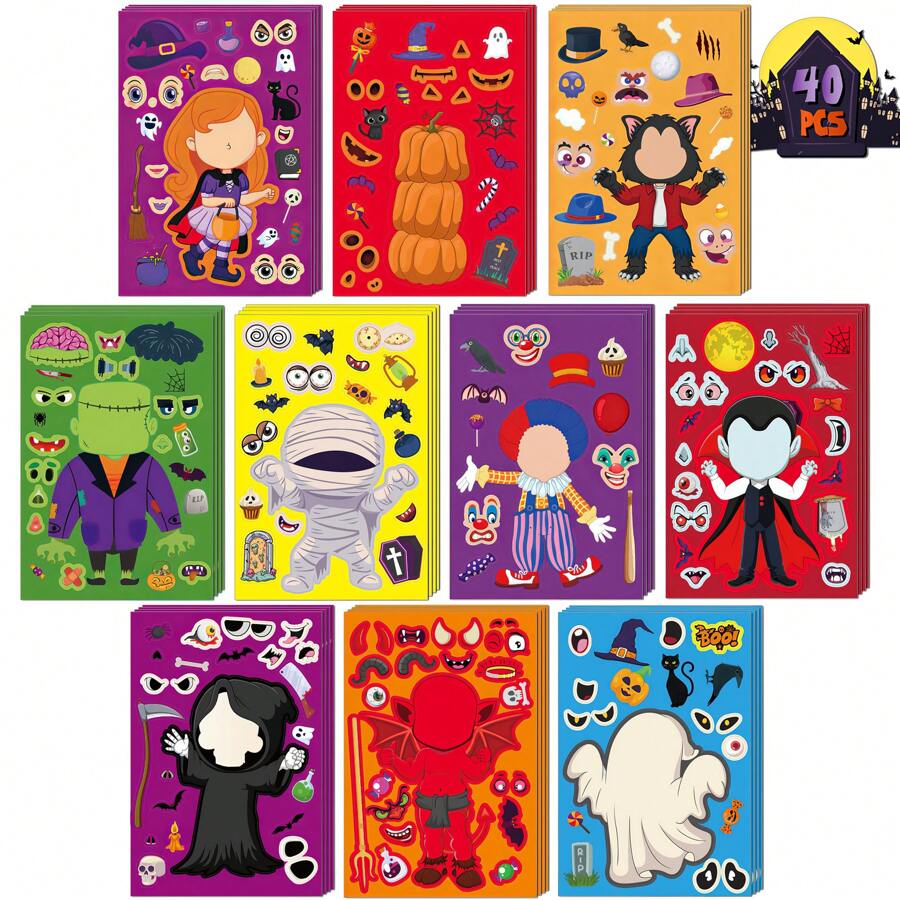 40 PCS Halloween Make A Face Stickers, Halloween Sticker Sheets Bulk ...
