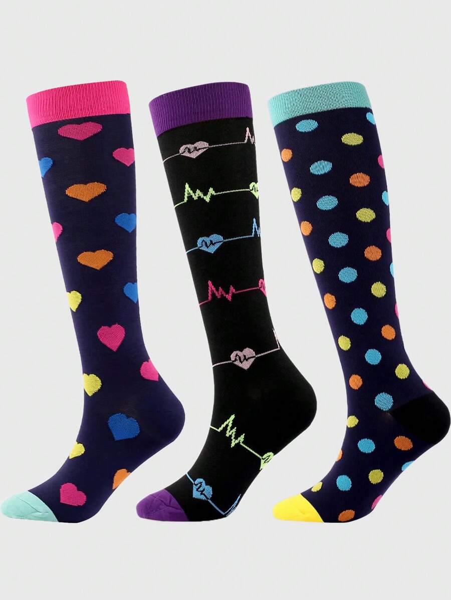 3 Pairs Of Heart ECG Dot Pressure Professional Compression Sports Long ...