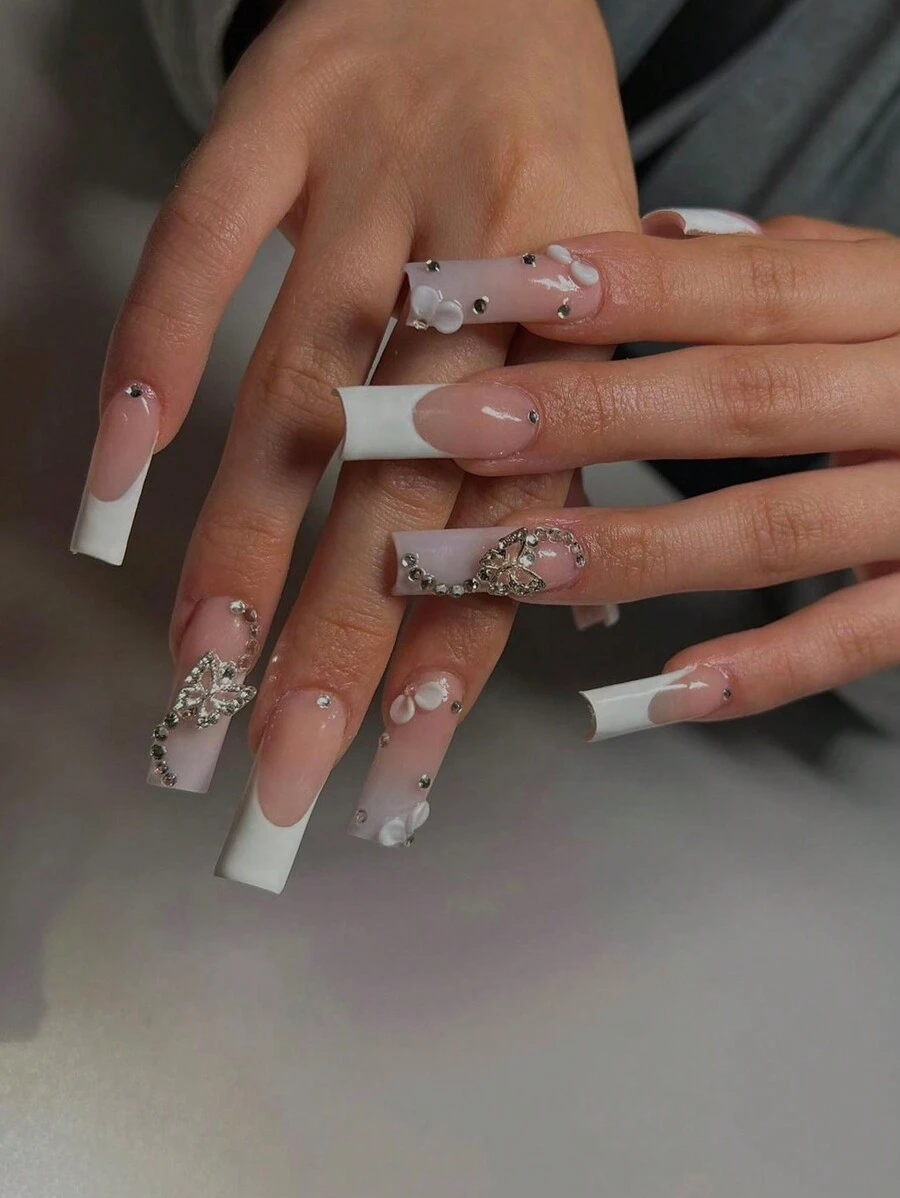 24pcs Short Coffin-Shaped French Meat Powder Nude Color Glitter Nail ...