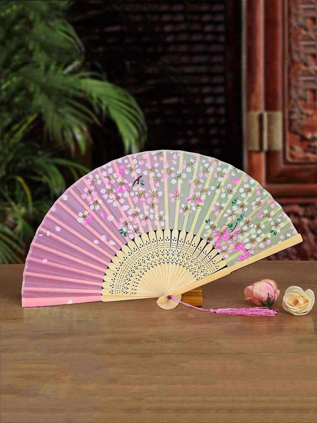 1 Peça leque dobrável decorativo estilo chinês com padrão de flor rosa ...
