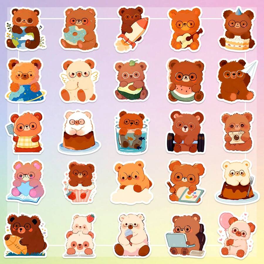 50Pcs Cute Brown Bear Stickers, Waterproof Vinyl Cartoon Animal Bulk ...