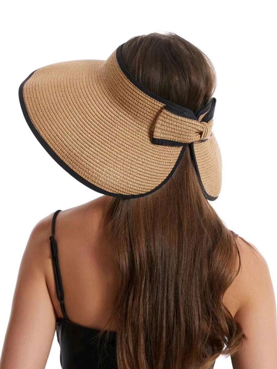 Sun Visor Hats For Women Wide Brim Straw Roll-Up Ponytail Summer Beach ...