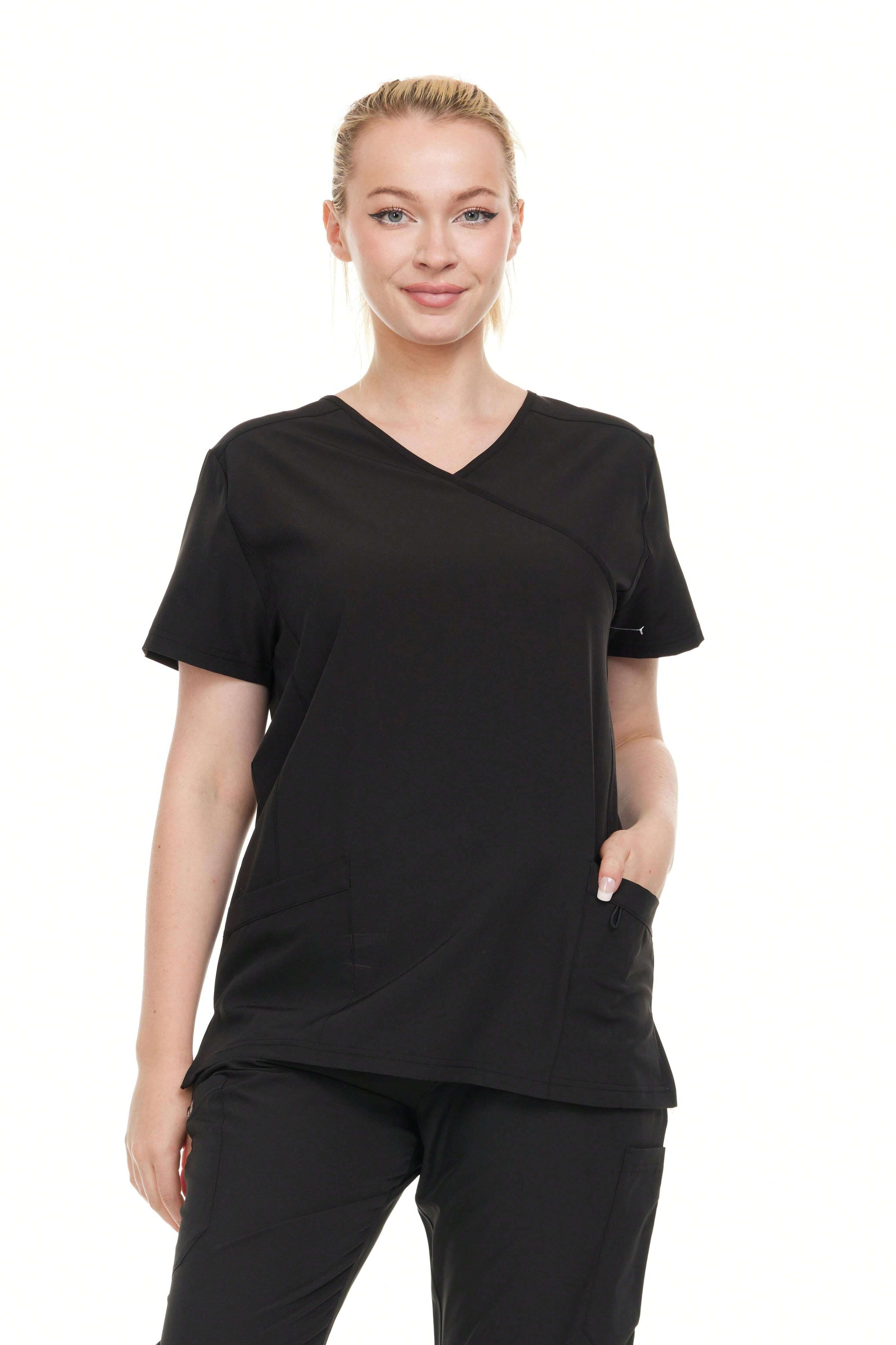 Mock Wrap Women's Medical Scrubs Multiple Convenient Pockets. 4-Way ...