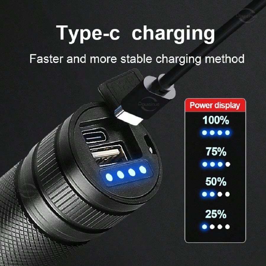 High Power 30W LED Flashlight Type-C USB Rechargeable Tactical Torch ...