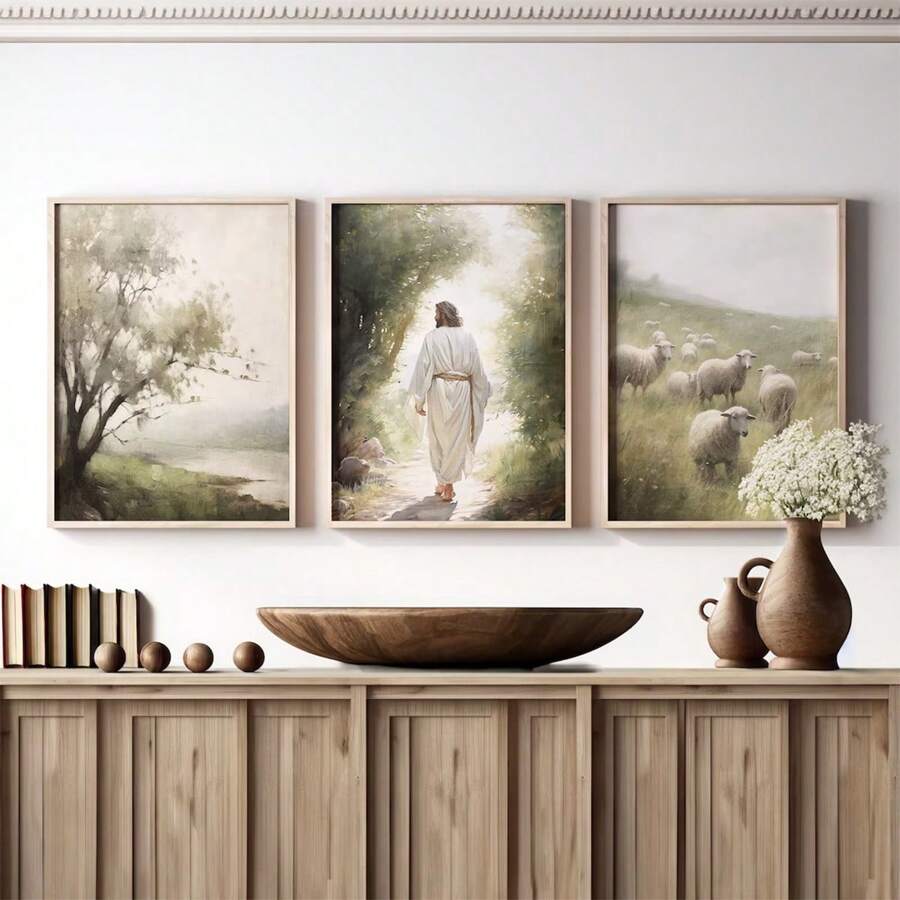 Set Of 3 Unframed Christian Art Prints, Jesus And Lamb Gallery Wall Set ...