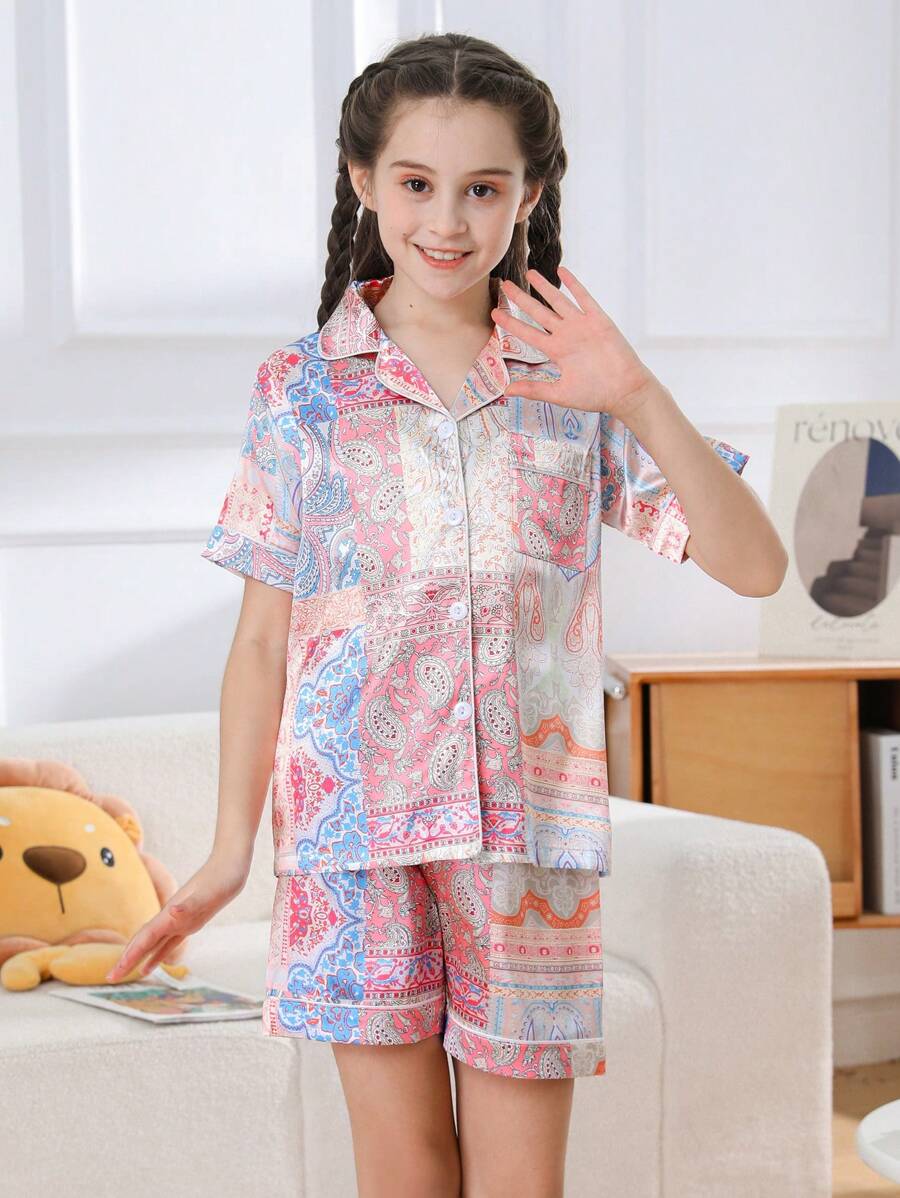 Tween Girl Paisley Patchwork Print Contrast Piping Satin PJ Set | SHEIN UK