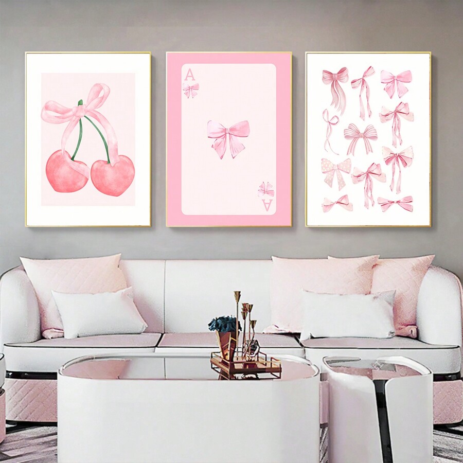 3pcs/Set Frameless Fashionable Pink Bowknot Wall Art, College Poster ...