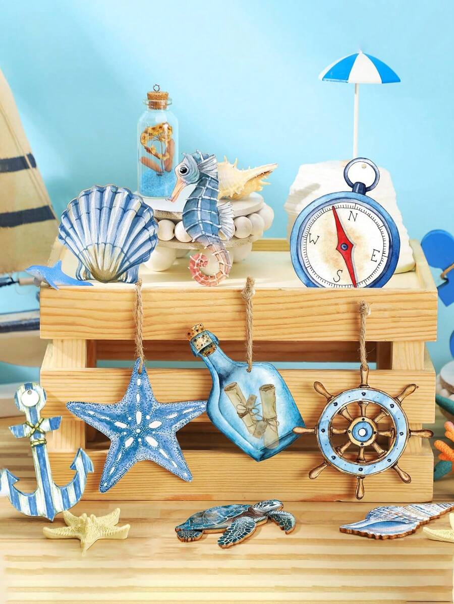 12pcs-Summer Beach Wooden Decorations, Blue Ocean, Tree Decorations ...