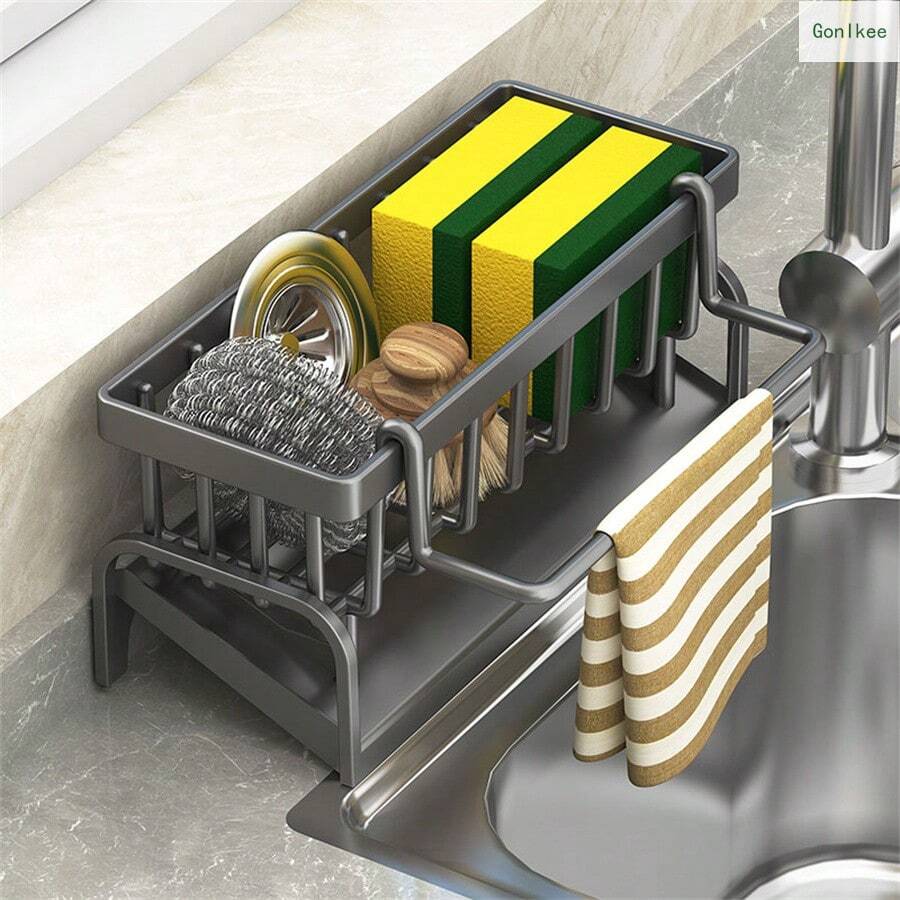 1pc Sponge Drainer Holder With Cloth Rack, Stainless Steel Sink Storage ...
