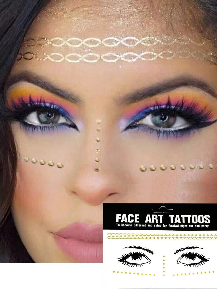 1pc Temporary Waterproof Face Tattoo Sticker, Gold Glitter Tattoo For ...