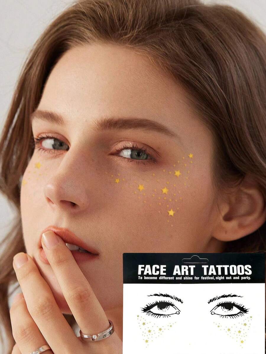 1pc Temporary Waterproof Face Tattoo Sticker, Gold Glitter Tattoo For ...