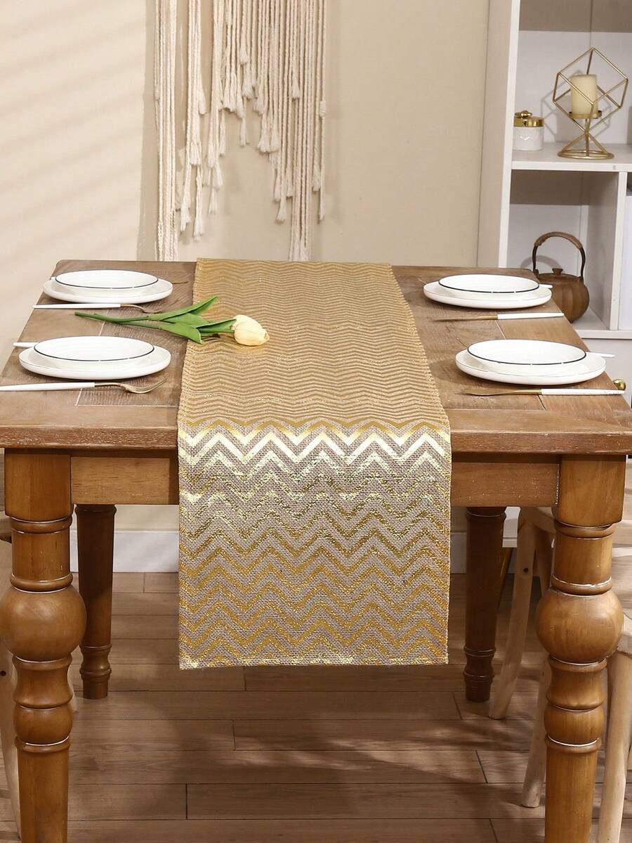 Miater 1pc Natural Linen Decorative Table Runner With Wave Pattern And ...