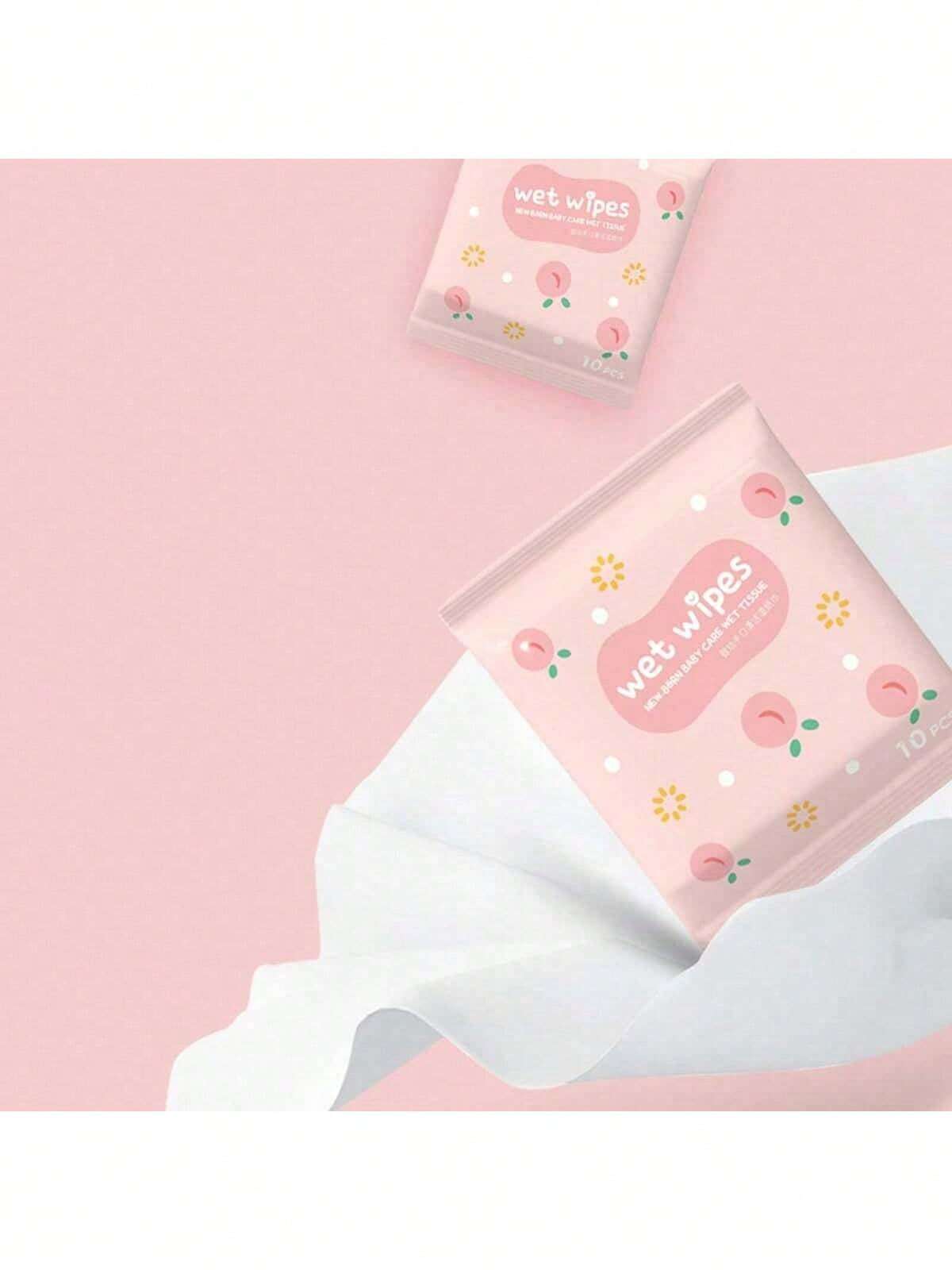 [1 Pack Of 10 Pieces] Disposable Wet Wipes, Peach Pattern, Mini ...