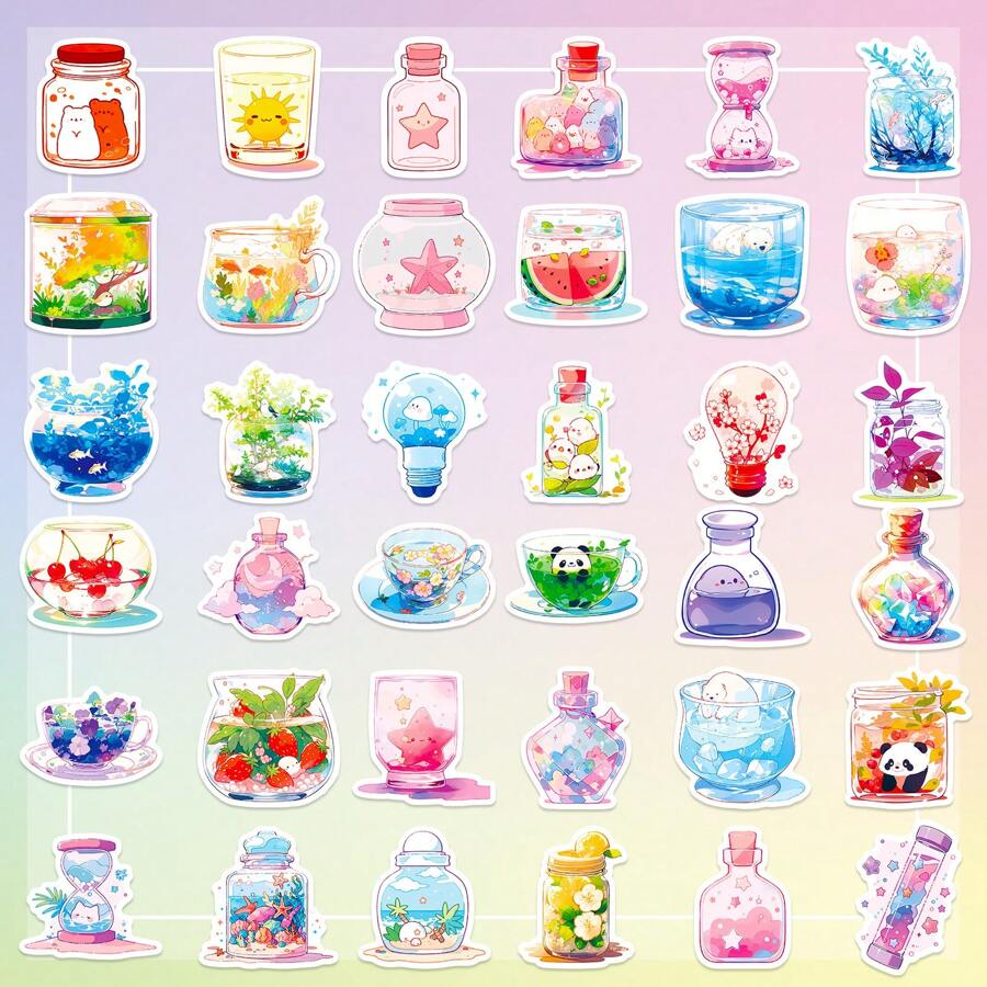 100Pcs Aesthetic Stickers, Waterproof Cartoon Bottled Landscape Boba ...