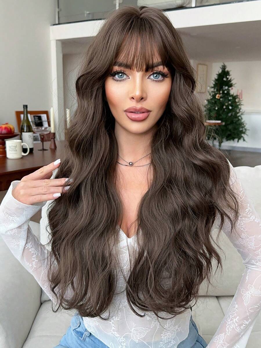 NICKY WALL Cool Bronw Peruca Longa Ondulada Perucas Soltas Com Franja ...