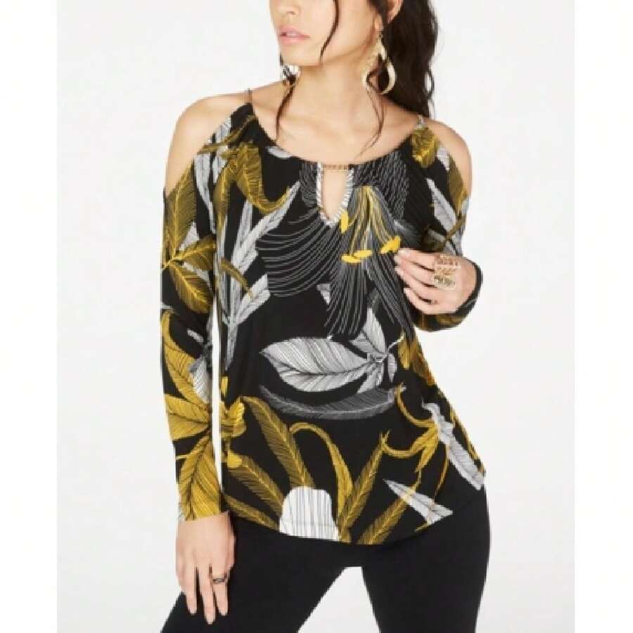 Thalia Sodi Women's Cold Shoulder Keyhole Top Black | SHEIN USA