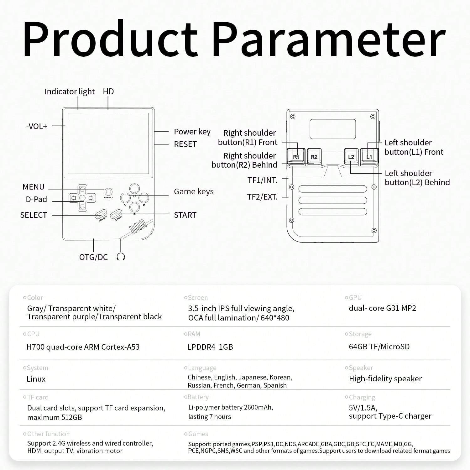 ANBERNIC RG35XX Transparent White Handheld Game Console H700 Processor 3.5'' IPS Screen Linux ...