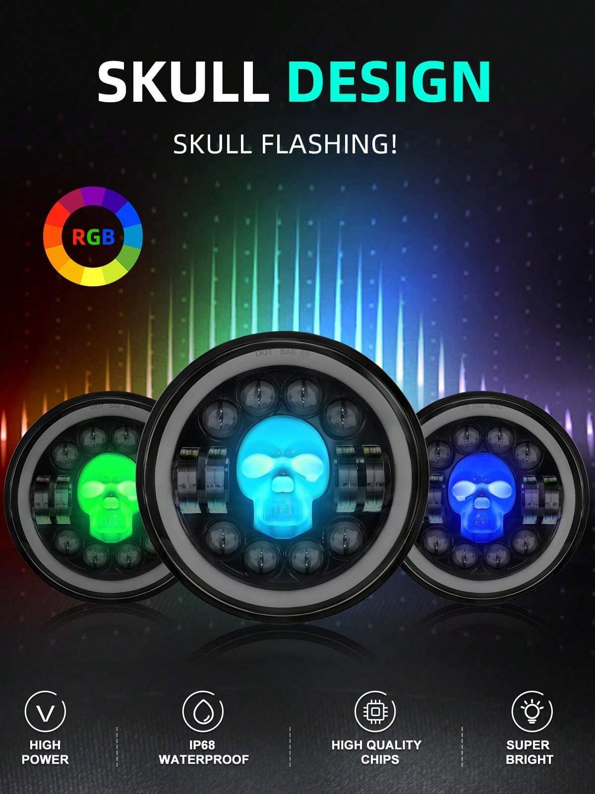 7inch H4 Skull LED Headlight With DRL Hi/Lo Beam Light Ring Universal ...