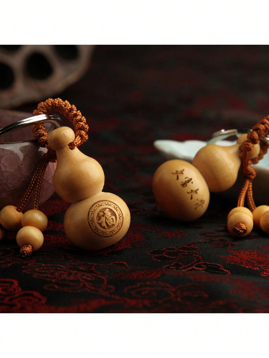 1pc Traditional Chinese Wooden Gourd Shaped Keychain For Car Keys ...