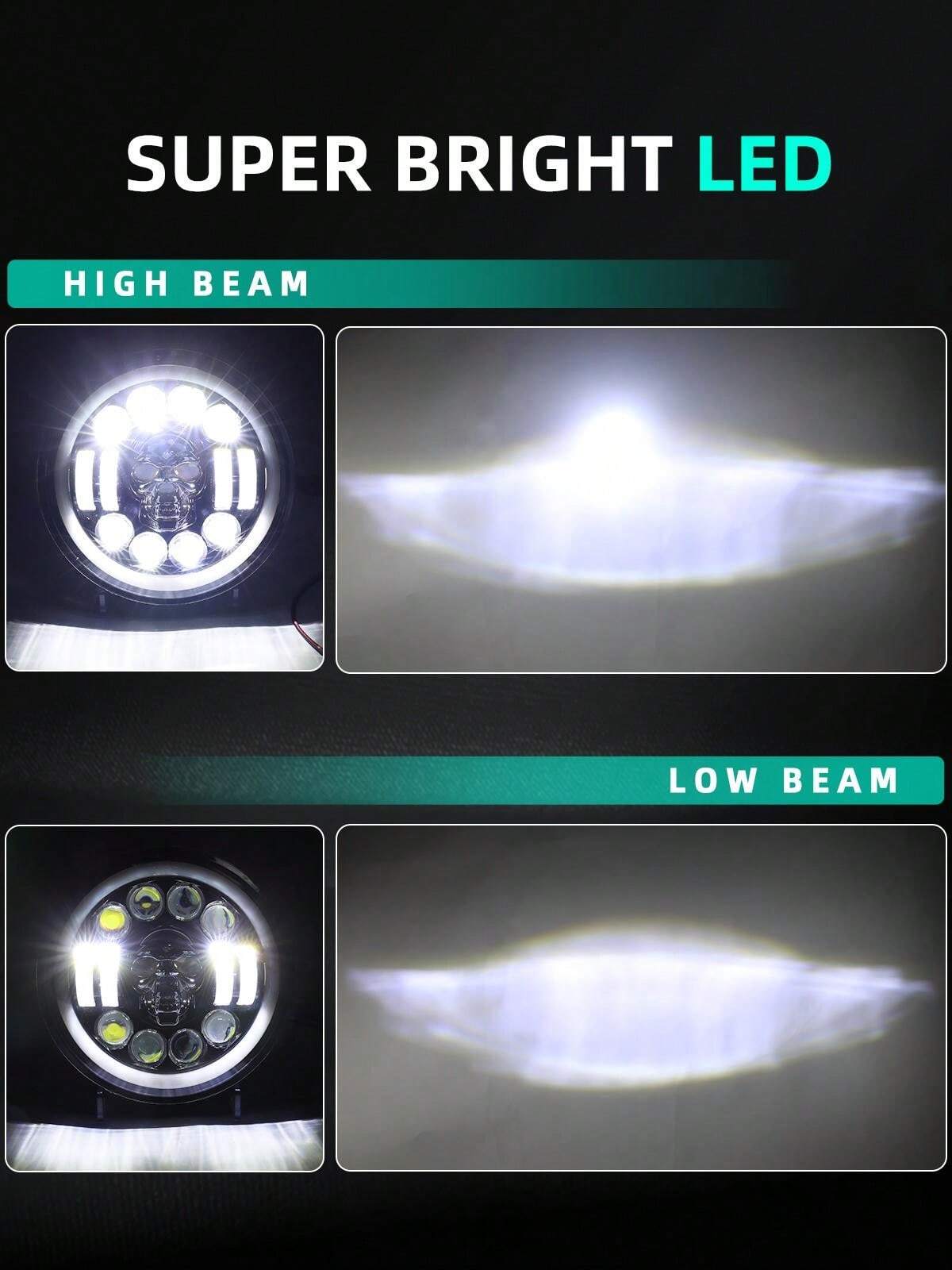 7inch H4 Skull LED Headlight With DRL Hi/Lo Beam Light Ring Universal ...